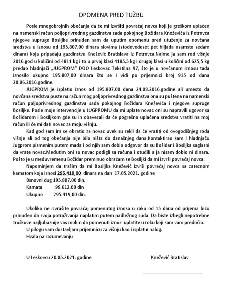 Opomena Pred Tužbu | PDF