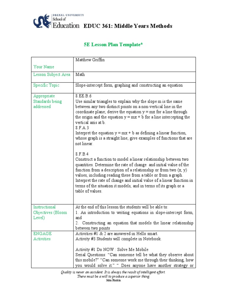 Slope-Intercept Form Lesson Plan | PDF | Line (Geometry) | Elementary ...