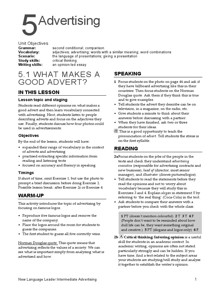Advertising: 5.1 What Makes A Good Advert? | PDF | Adjective | Advertising