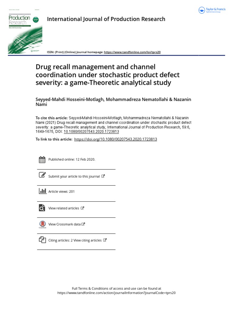 Drug Recall Management and Channel Coordination Under Stochastic ...