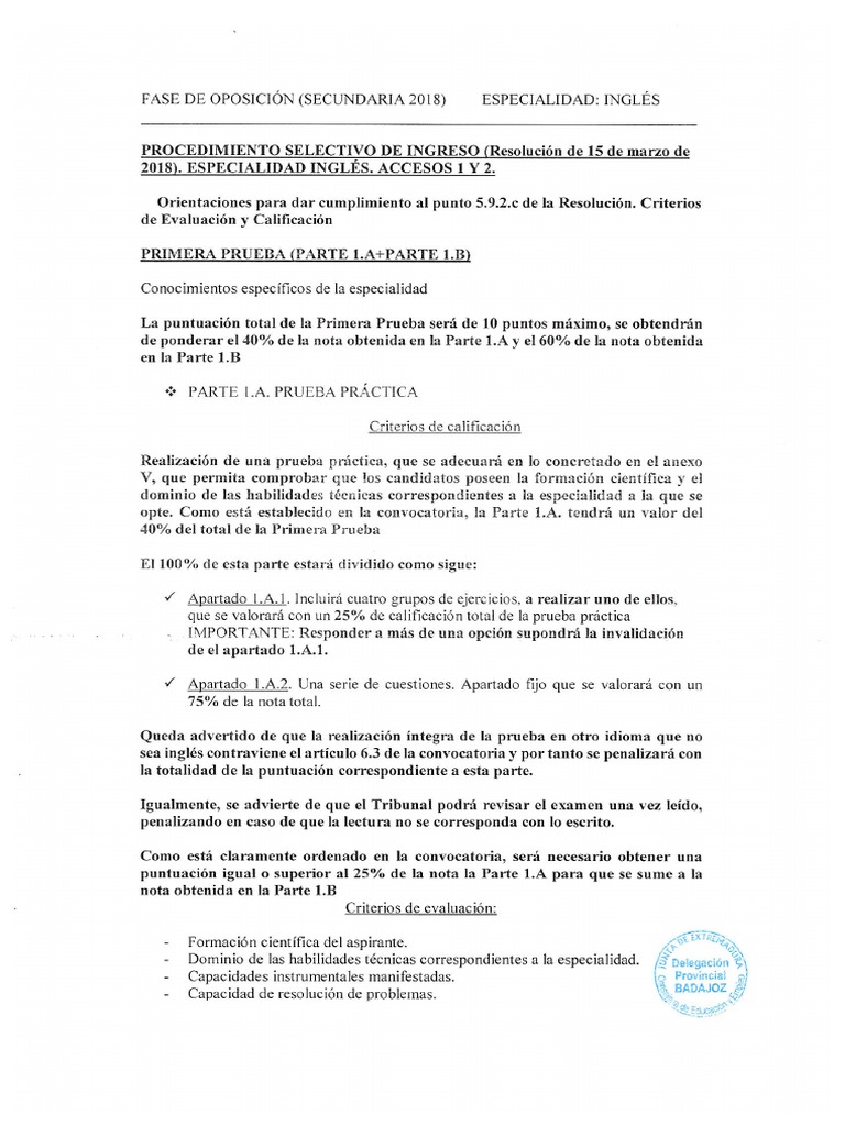 Criterios Examen Oposiciones Secundaria Inglés 2018 | PDF