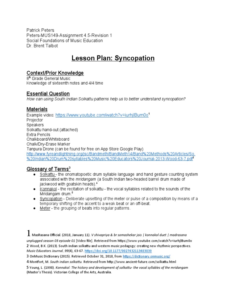 Lesson Plan: Syncopation: Context/Prior Knowledge | PDF | Rhythm ...