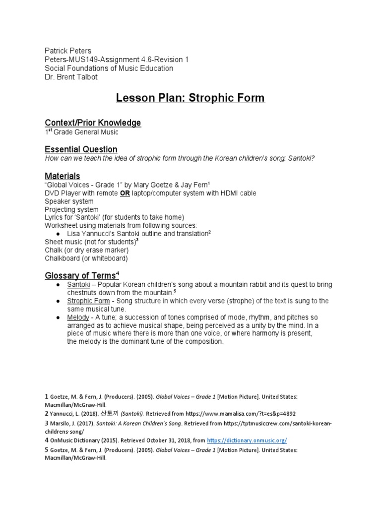 Lesson Plan: Strophic Form: Context/Prior Knowledge Essential Question ...