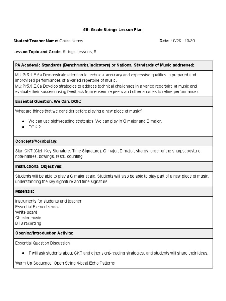 5th Grade Strings Lesson Plan Guide | PDF | Viola | Lesson Plan