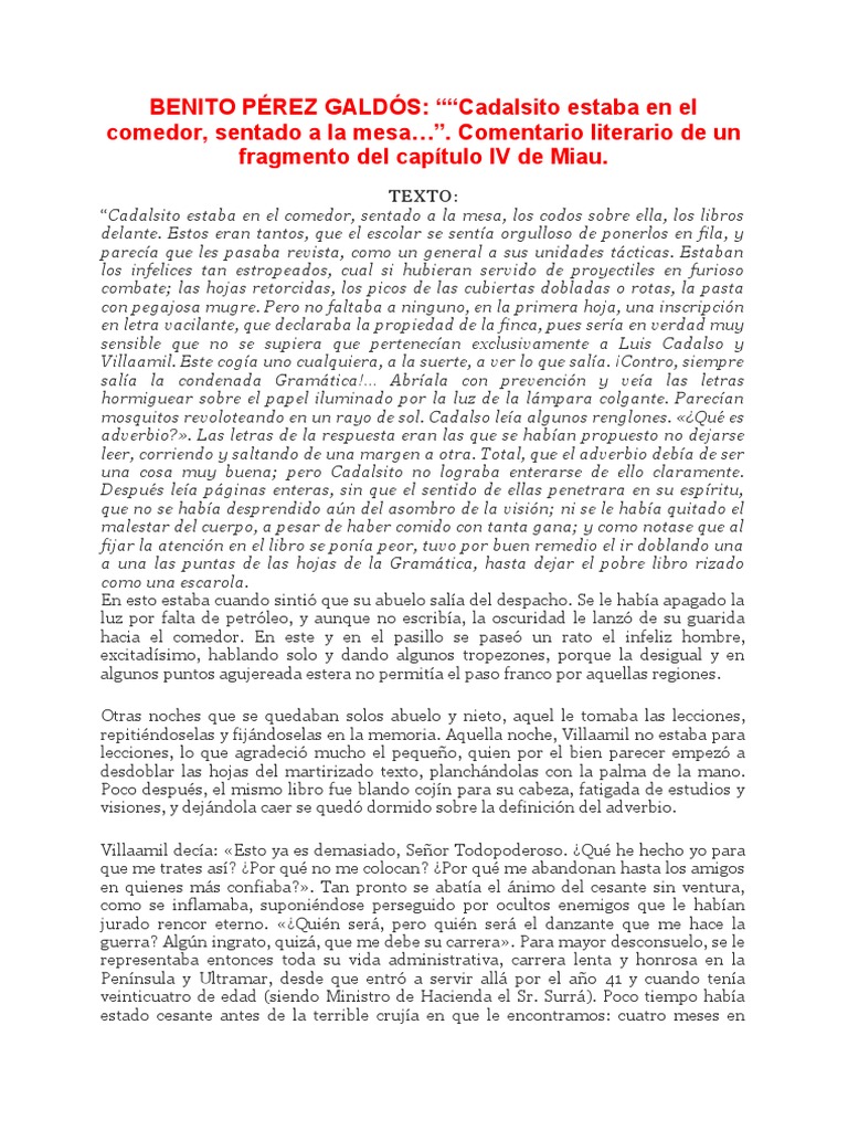 COMENTARIO de "Miau" de - BENITO PÉREZ GALDÓS | PDF | Verbo | Gramática