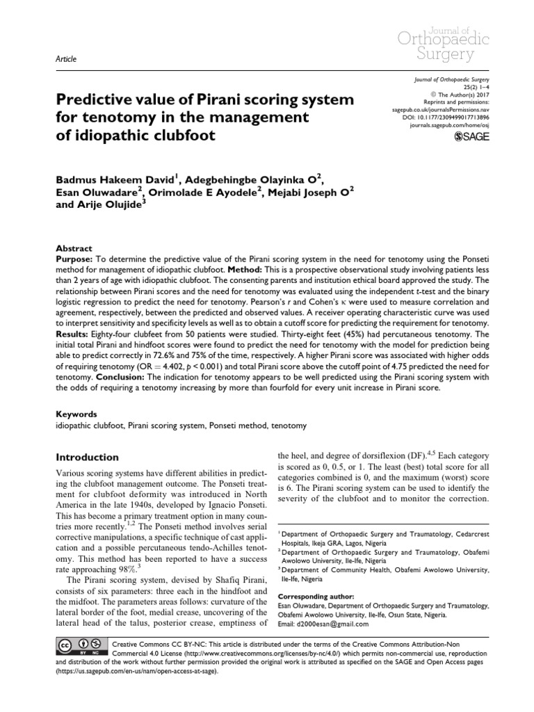 Predictive Value of Pirani Scoring System For Tenotomy in The ...