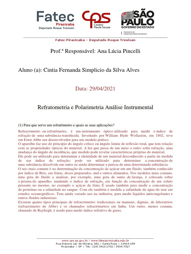 Refratometria e Polarimetria Análise Instrumental PDF | PDF | Física ...