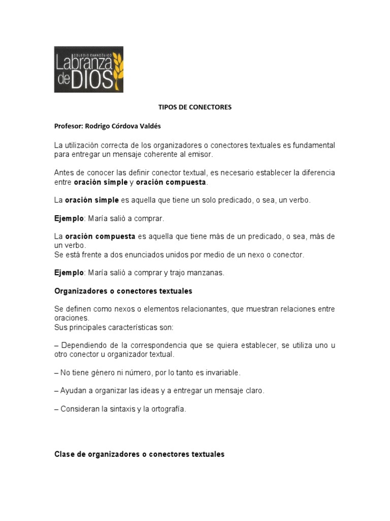 Tipos de conectores textuales explicados | PDF | Oración (Lingüística ...