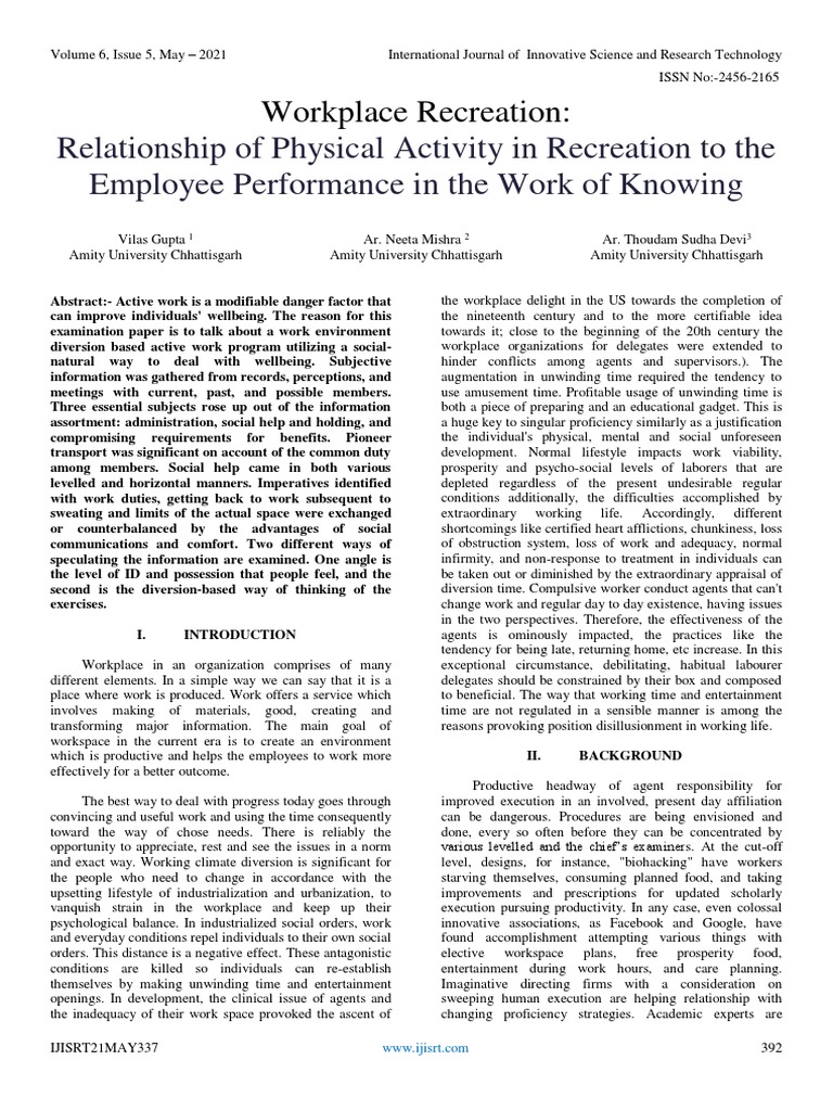 Workplace Recreation Relationship of Physical Activity in Recreation To ...
