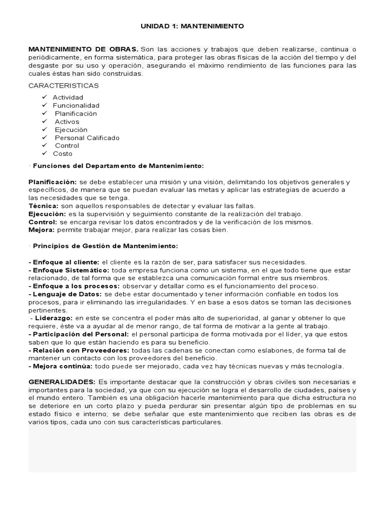 Unidad 1 Mantenimiento de Obras Civiles | PDF | Planificación | Cliente