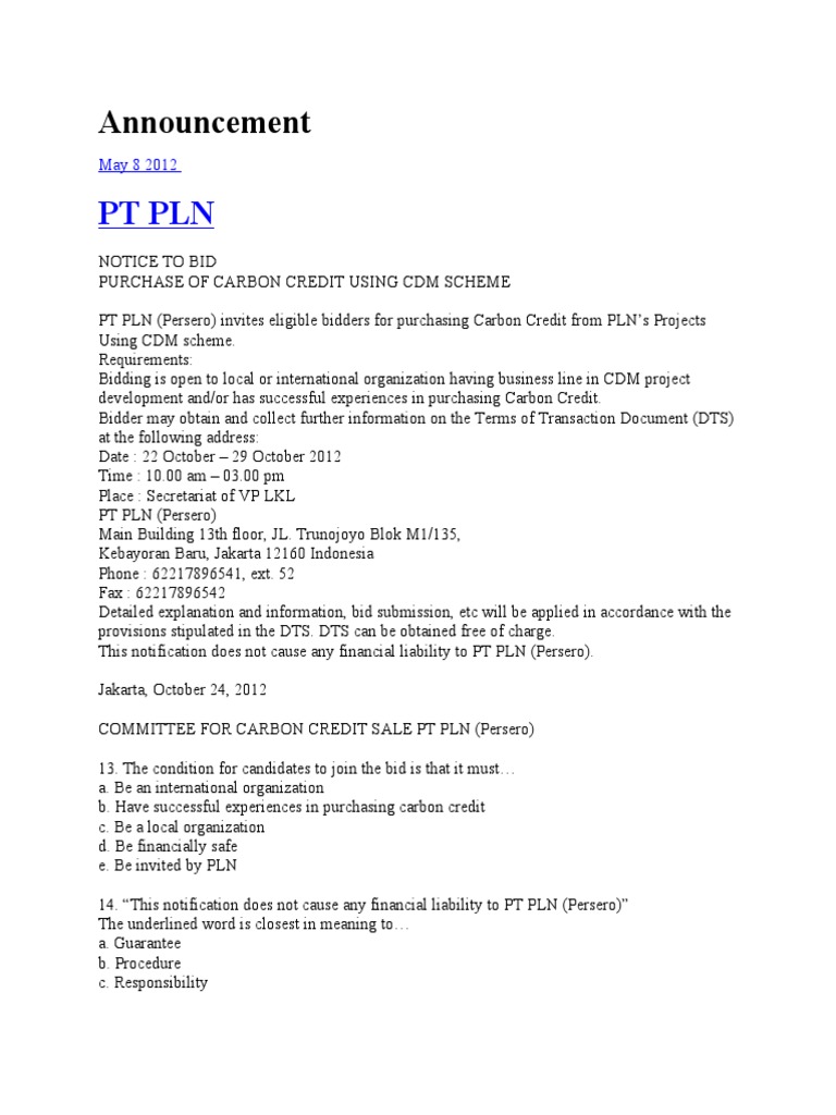 PT PLN: Announcement | PDF | Baggage | Fundraising