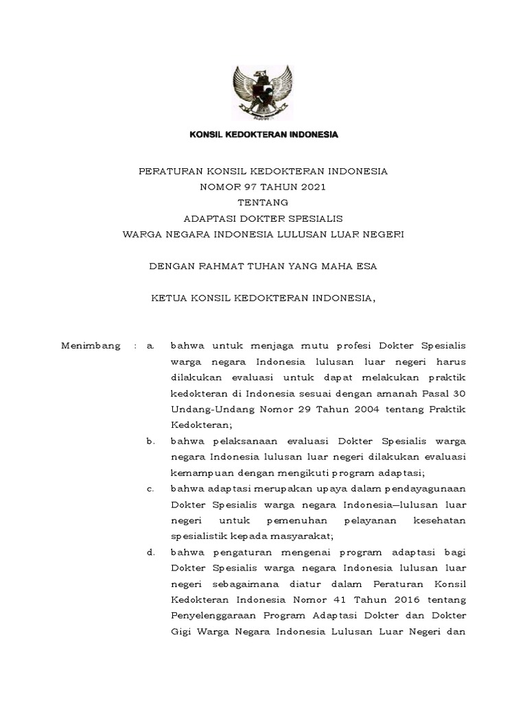 PerKKI No. 97 TH 2021 TTG Adaptasi DR Spesialis WNI LLN | PDF