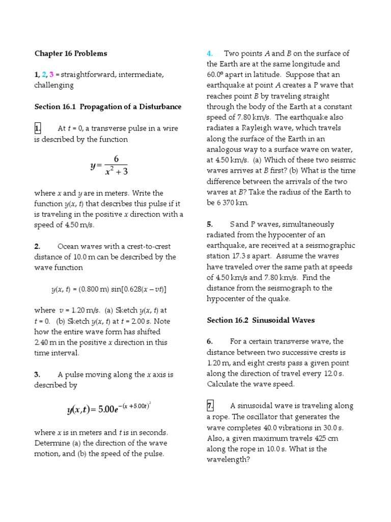 Chapter 16 Problems 1,, Straightforward, Intermediate,: y (X, T) (0.800 M) Sin (0.628 (X - VT ...