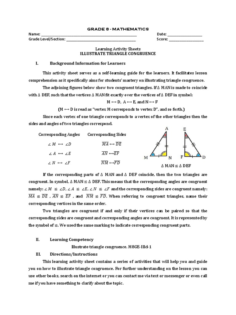 Illustrate Congruent Triangle (M8GE-IIId-1) - Learning Activity Sheets ...