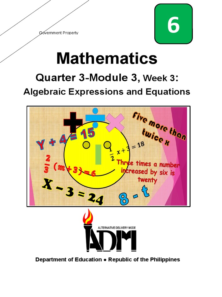 Math6 Q3 Mod3 Algebraic Expressions and Equations FINAL 1 | PDF | Numbers | Variable (Mathematics)