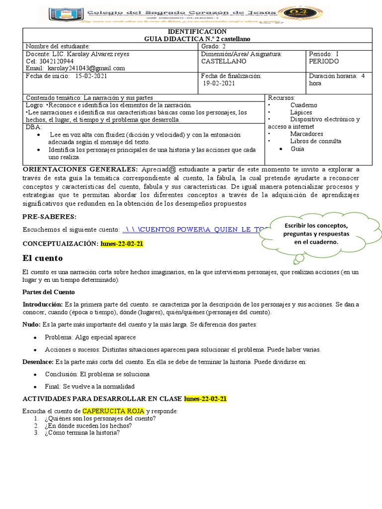 Guia # 2 I Periodo Grado Segundo | PDF | Narrativa | Cuentos