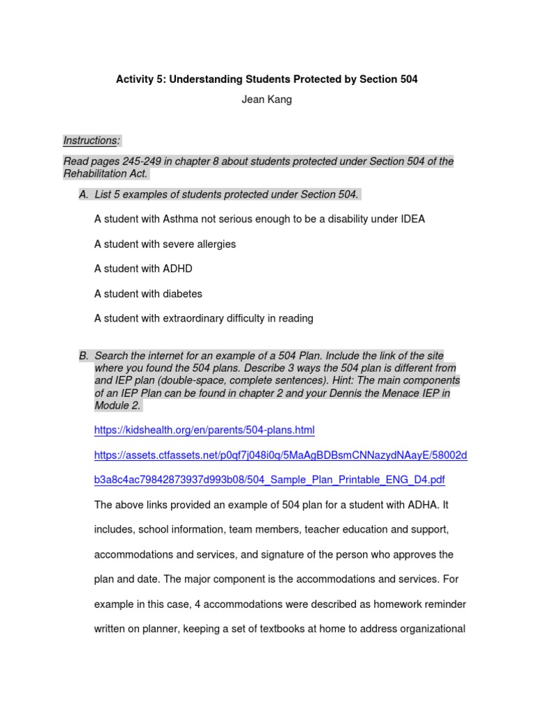 m1 Act5 Understanding Students Protected by 504 Plan | PDF ...