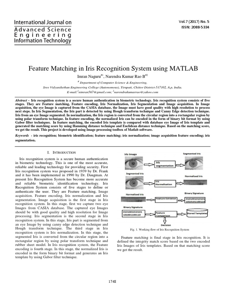 Feature Matching in Iris Recognition System Using MATLAB | PDF | Image Segmentation | Biometrics