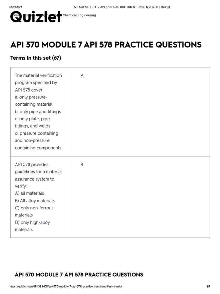 Api 570 Module 7 Api 578 Practice Questions: Terms in This Set | PDF