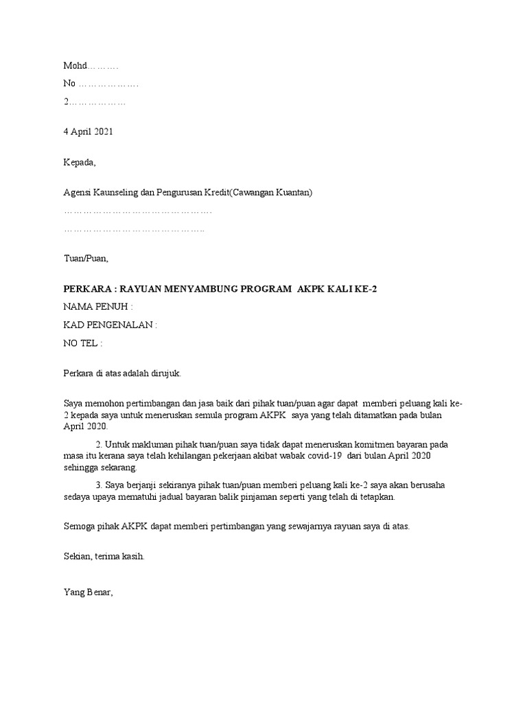 Contoh Surat Rayuan Akpk | PDF