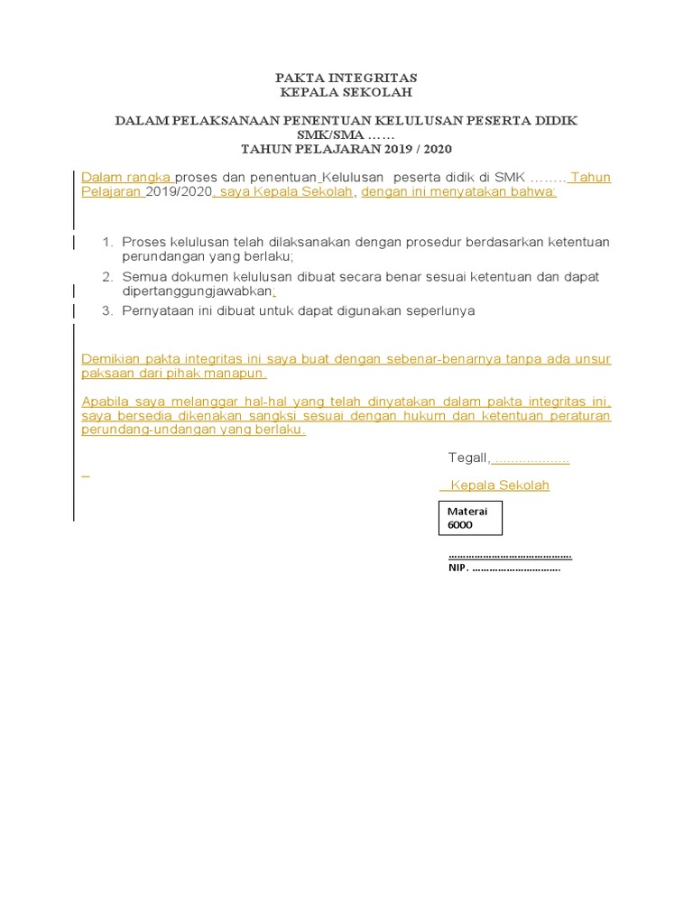 Contoh PAKTA INTEGRITAS | PDF