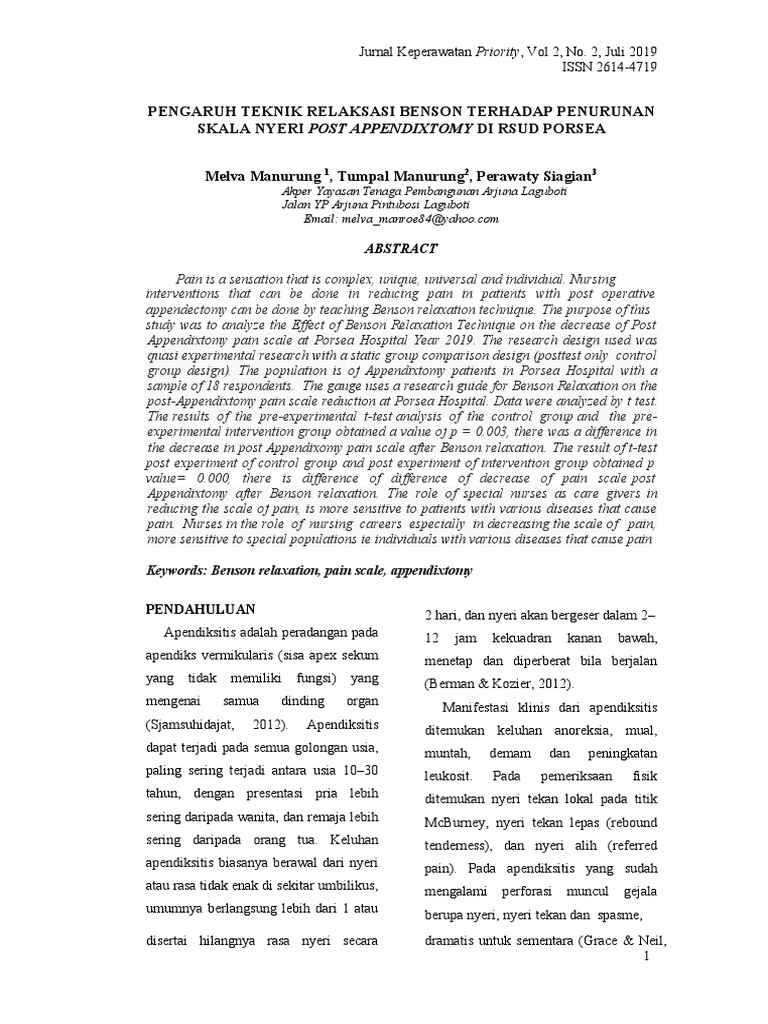 Pengaruh Teknik Relaksasi Benson Terhadap Penurunan Skala Nyeri Post ...
