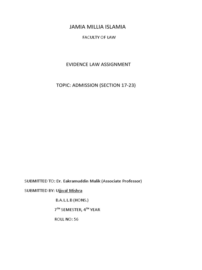 Jamia Millia Islamia: Evidence Law Assignment | PDF | Evidence (Law) | Evidence