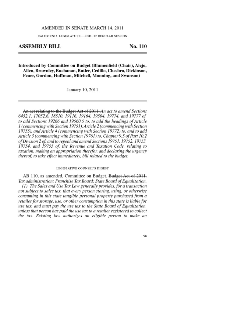 Assembly Bill No. 110: Amended in Senate March 14, 2011 | PDF | Use Tax ...