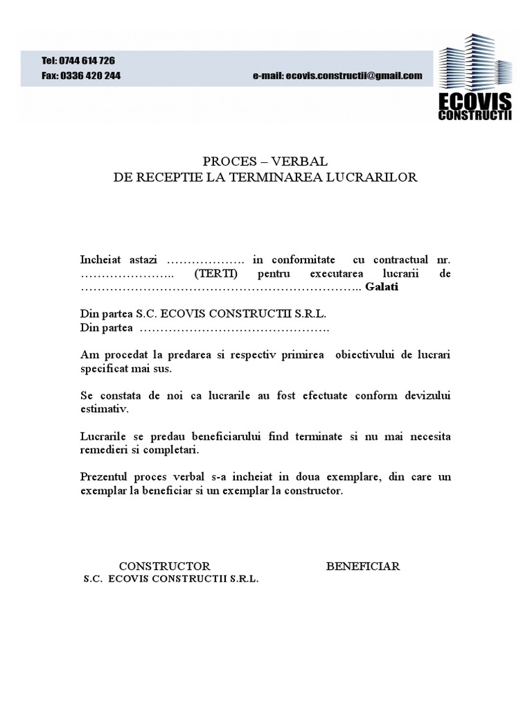 Proces Verbal La Terminarea Lucrarilor | PDF