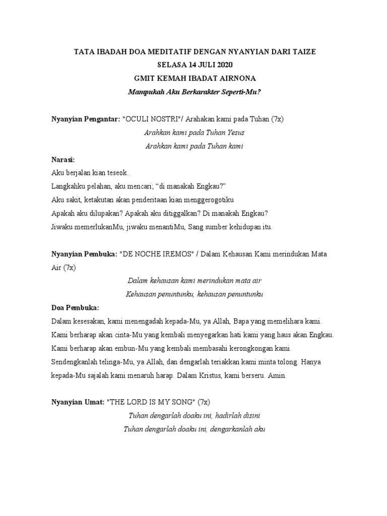 Tata Ibadah Doa Meditatif Dengan Nyanyian Dari Taize | PDF