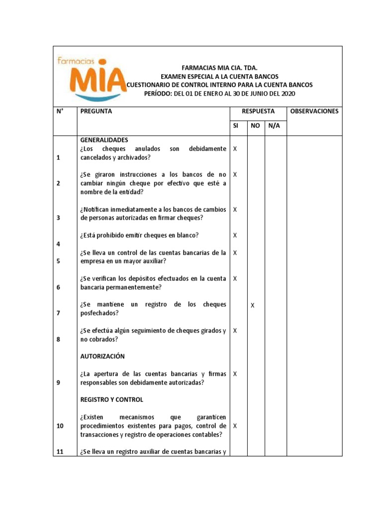 Cuestionario Control Interno Bancos | PDF | Cheque | Bancos