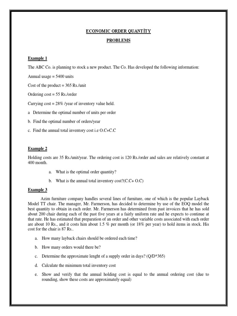 EOQ Problems: Economic Order Quantity Solutions | PDF | Inventory | Demand