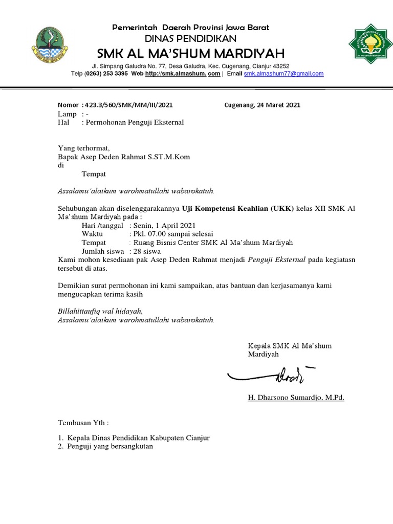 Surat Permohonan Penguji Eksternal UKK Multimedia | PDF