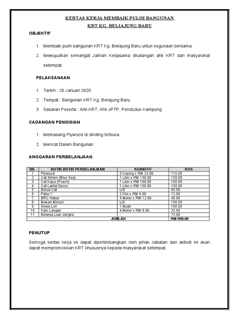 Kertas Kerja Membaik Pulih Bangunan KRT | PDF