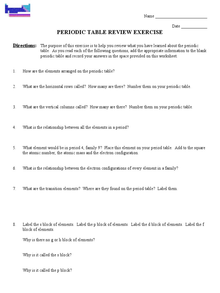 Periodic Table Review Worksheet | PDF | Periodic Table | Chemical Elements