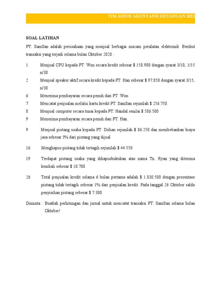 Contoh Soal Account Receivable PT. SamSan | PDF | Bisnis | Pengelolaan ...