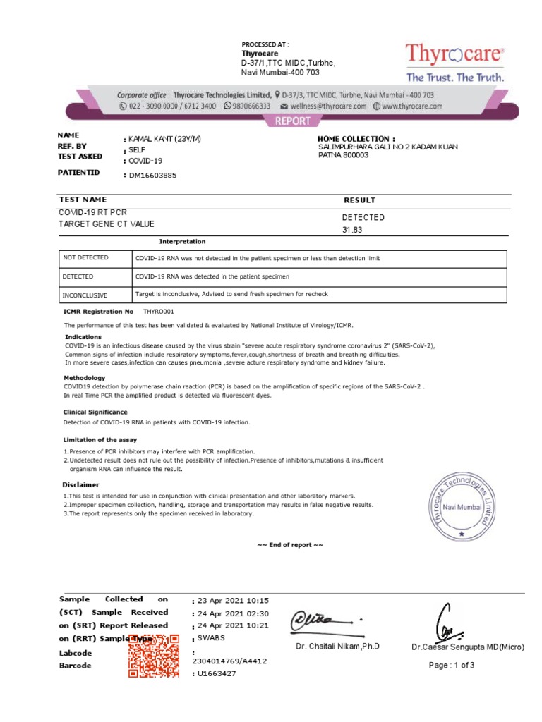 D-37/1, TTC MIDC, Turbhe, Navi Mumbai-400 703: Processed At: Thyrocare | PDF | Polymerase Chain ...