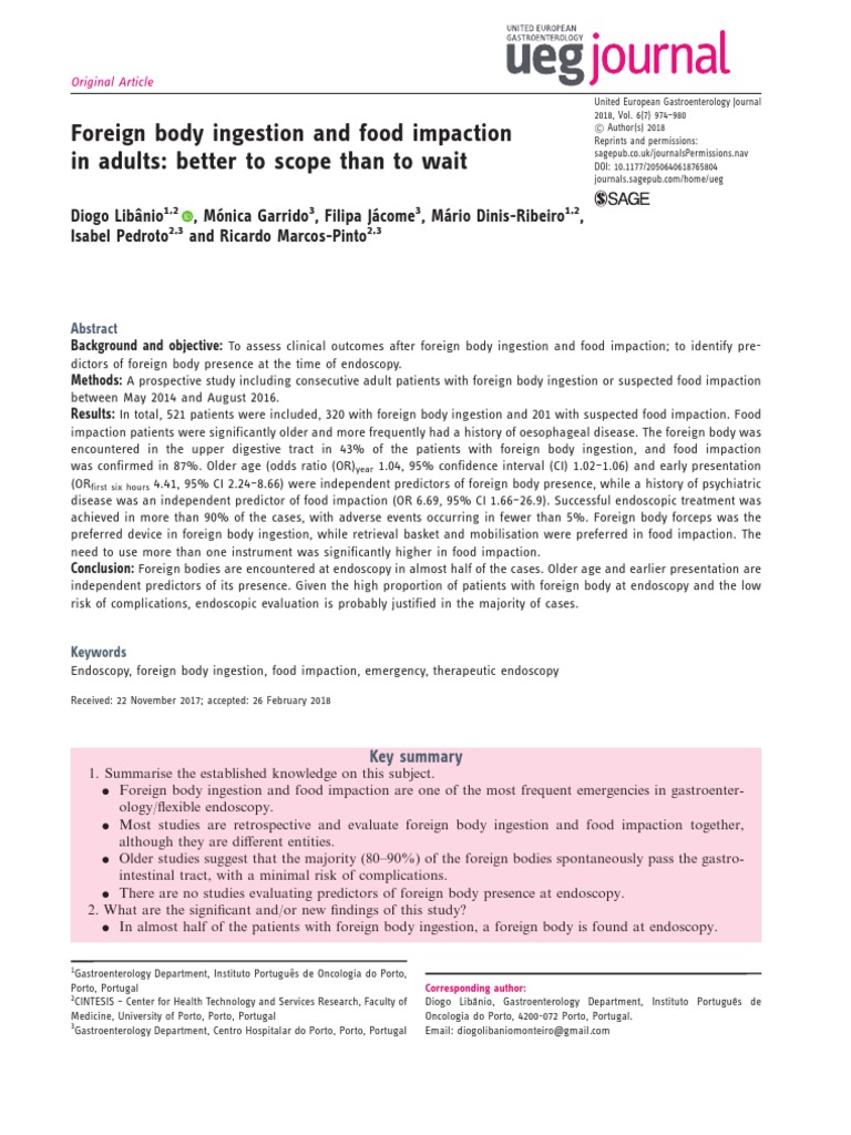 Foreign Body Ingestion and Food Impaction | PDF | Endoscopy | Logistic ...