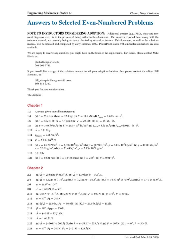 Answers To Selected Even-Numbered Problems: Engineering Mechanics: Statics 1e Plesha, Gray ...
