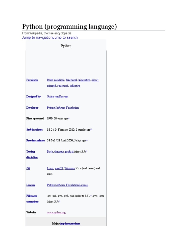 Python (Programming Language) : Jump To Navigation Jump To Search | Download Free PDF | Python ...