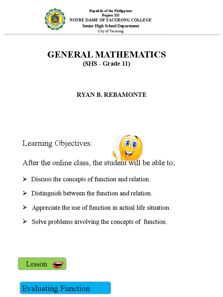 General Mathematics: (SHS - Grade 11) | PDF | Function (Mathematics ...