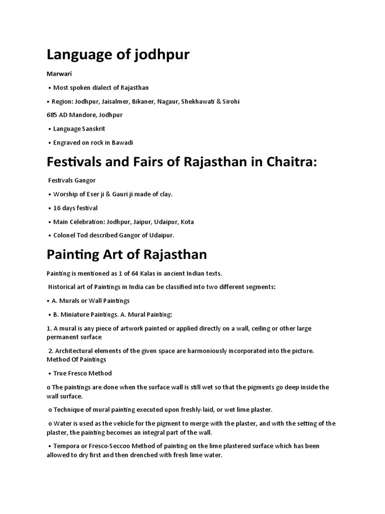 Marwari Language and Jodhpur Art | PDF | Mural | Paintings