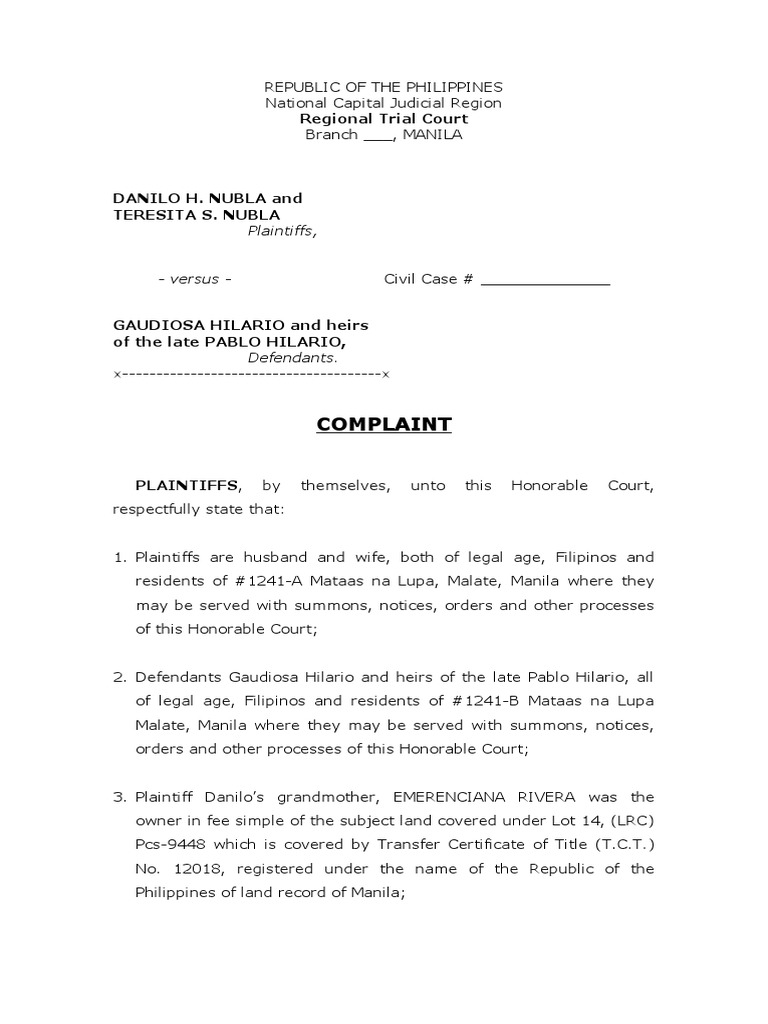 Complaint: Regional Trial Court | PDF | Lawsuit | Common Law