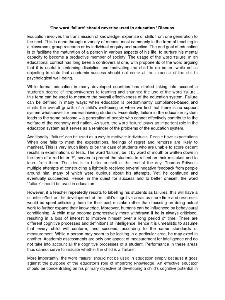 Sample Essay - The Word Failure' Should Never Be Used in Education ...