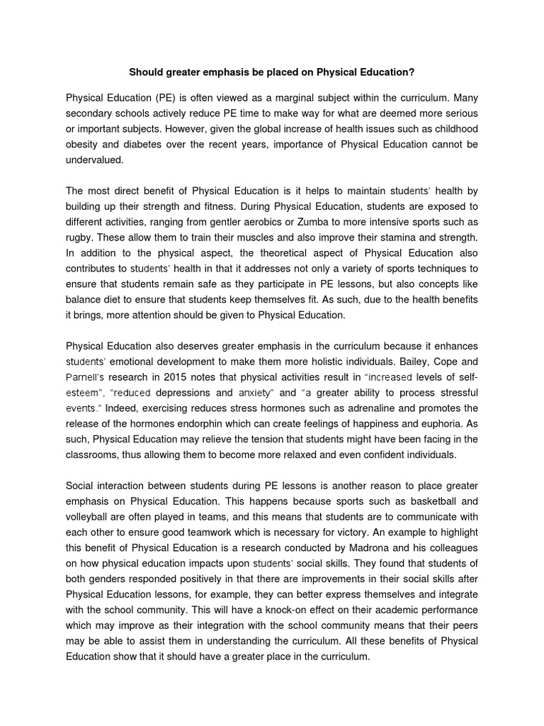 Sample Essay - Should Greater Emphasis Be Placed On Physical Education ...