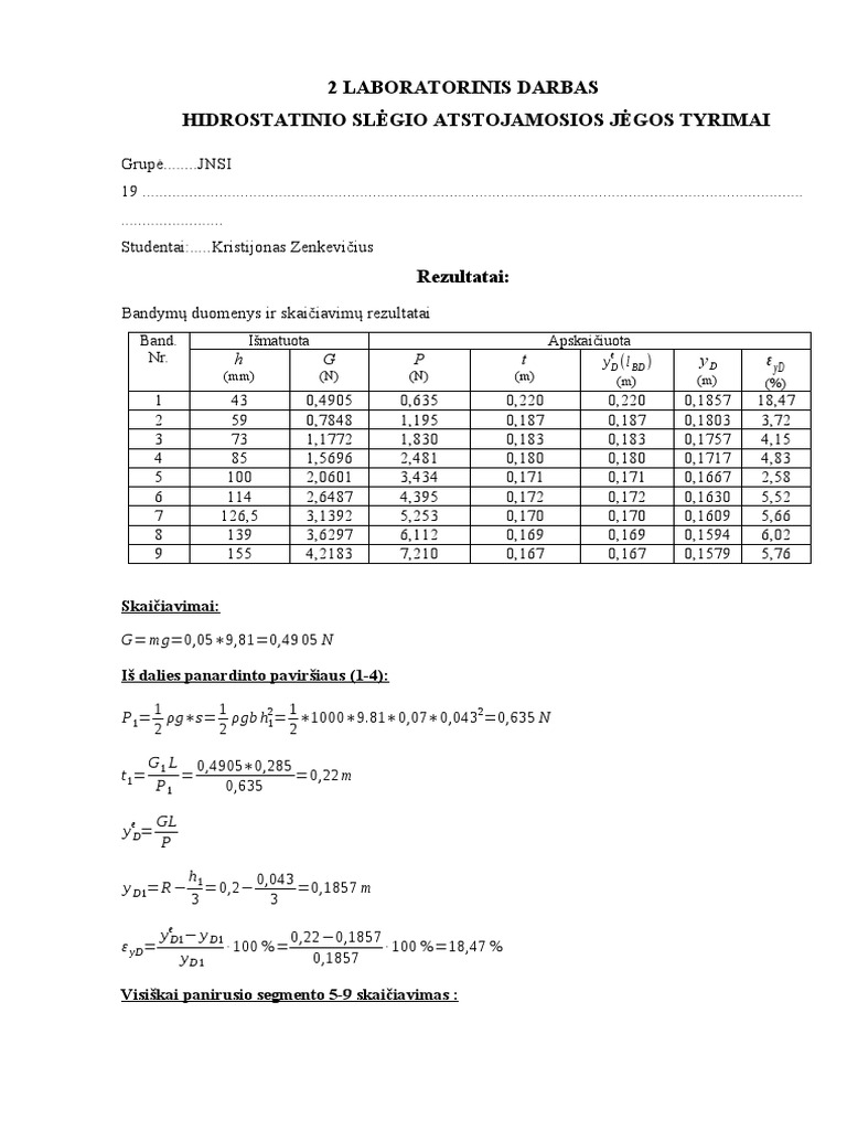 Antras Laboratorinis Darbas - Hidrostatinio Slėgio Atstojamosios Jėgos Tyrimai JTGMF JNSI 19 ...