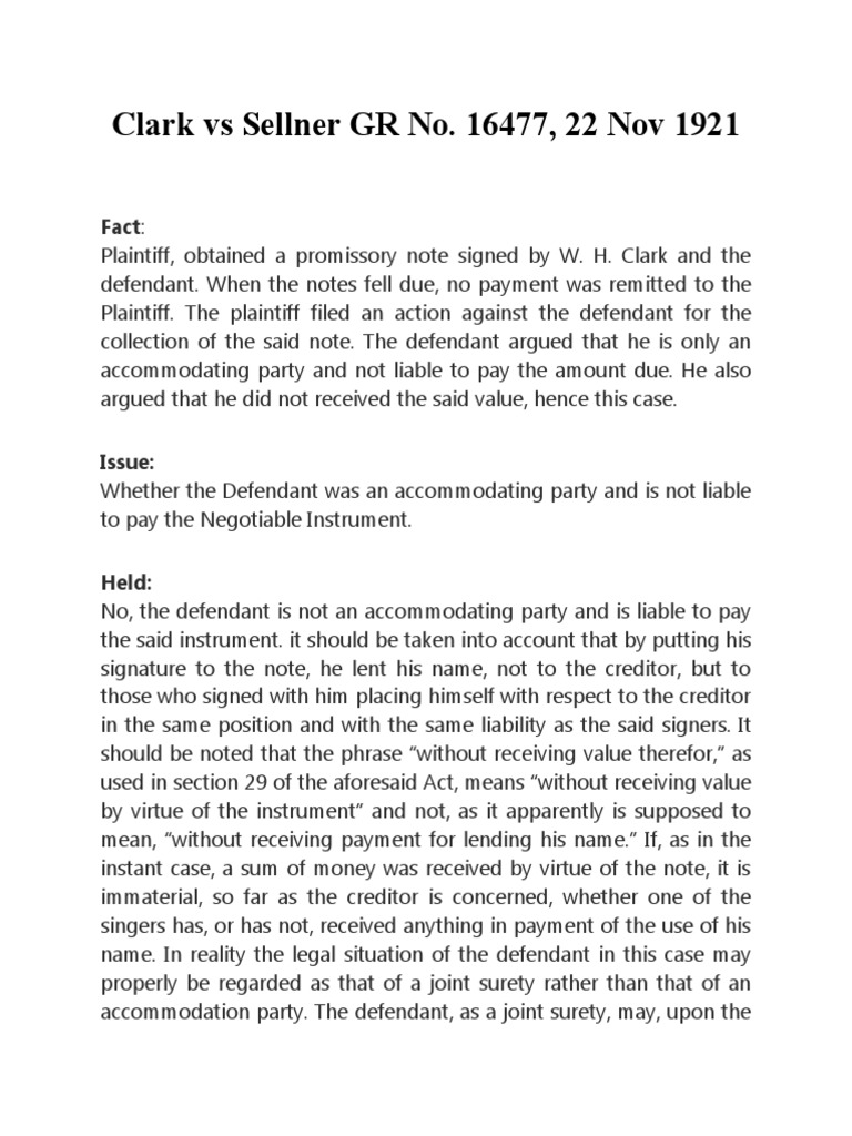 Clark vs Sellner: Liability of Accommodating Party | PDF