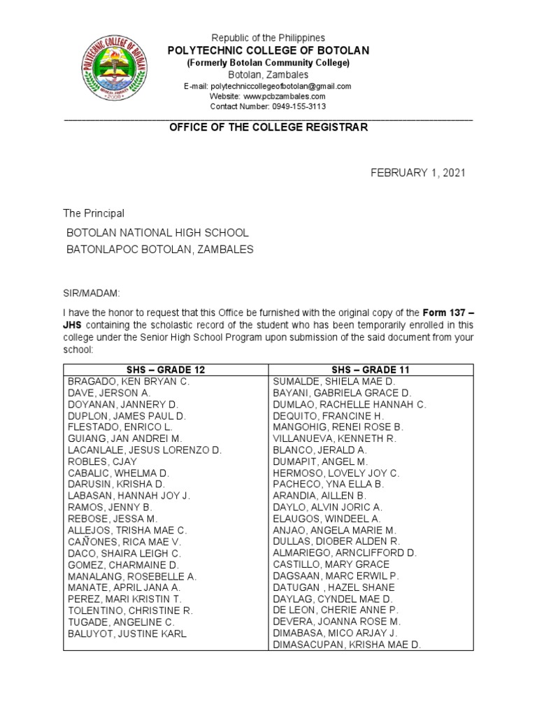 Request Letter For Form 137 | PDF