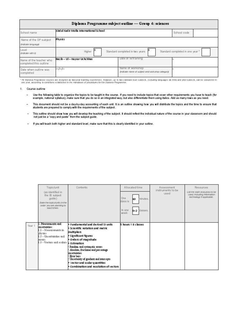 Diploma Programme Subject Outline - Group 4: Sciences: Abdul Kadir Molla International School ...