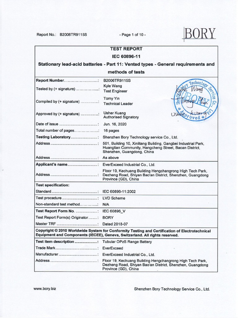 EverExceed Tubular OPzS Range Battery Test Report-IEC60896-11 | PDF ...